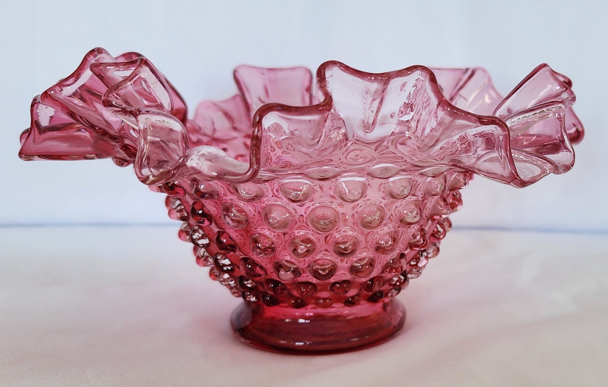 Vintage Fenton Ruby Overlay Cranberry Hobnail Bowl Crimped Edge 7 Inch ...