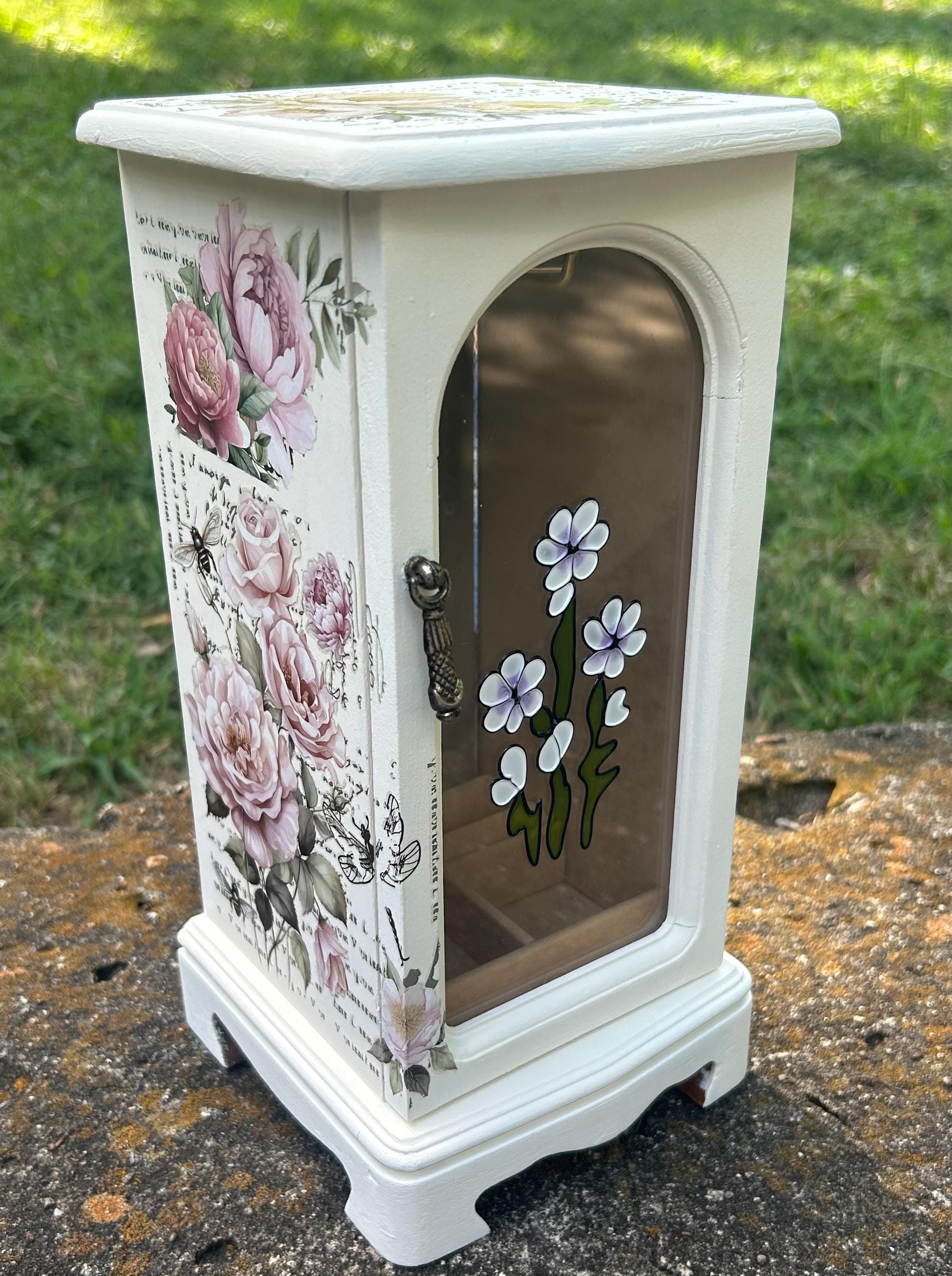 Vintage Tall Jewelry Box, Cream Hand Painted, Floral Décor Transfer ...