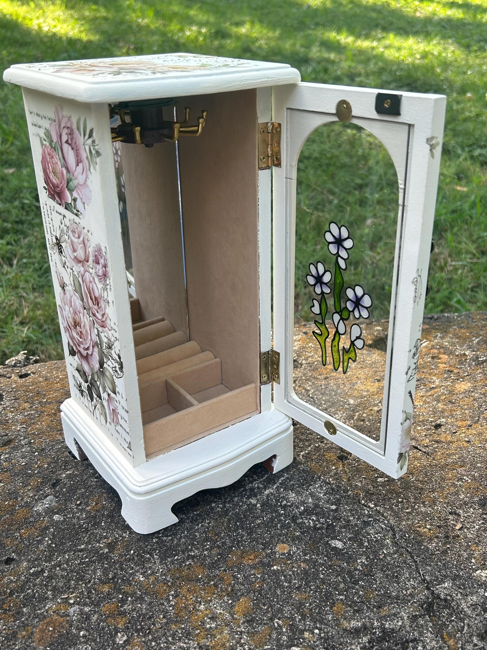 Vintage Tall Jewelry Box, Cream Hand Painted, Floral Décor Transfer ...
