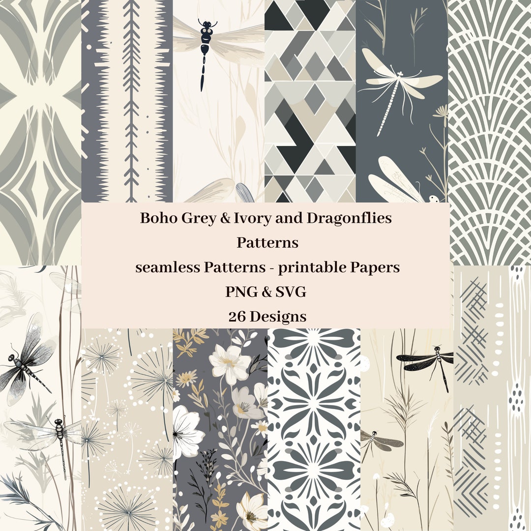 Boho Gray & Ivory and Dragonflies Pattern Trendy Patterns - Etsy