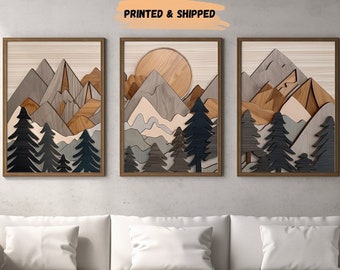 Lakelzdecor Wood Inspired Mountain Range Wall Art, Set of 3, Wood Panels Nursery, Modern Wall ...