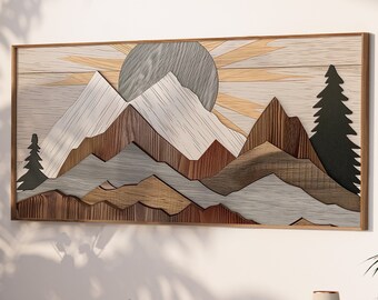 Lakelzdecor Wood Inspired Mountain Range Wall Art, Set of 3, Wood Panels Nursery, Modern Wall ...