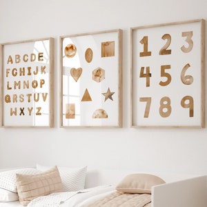 Beige Alphabet and Shapes Nursery Art Printable, Set of 3, Education ...