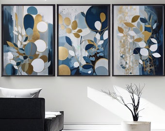 Navy & Gold Abstract Botanical and Shapes Wall Art, Set of 3 ...
