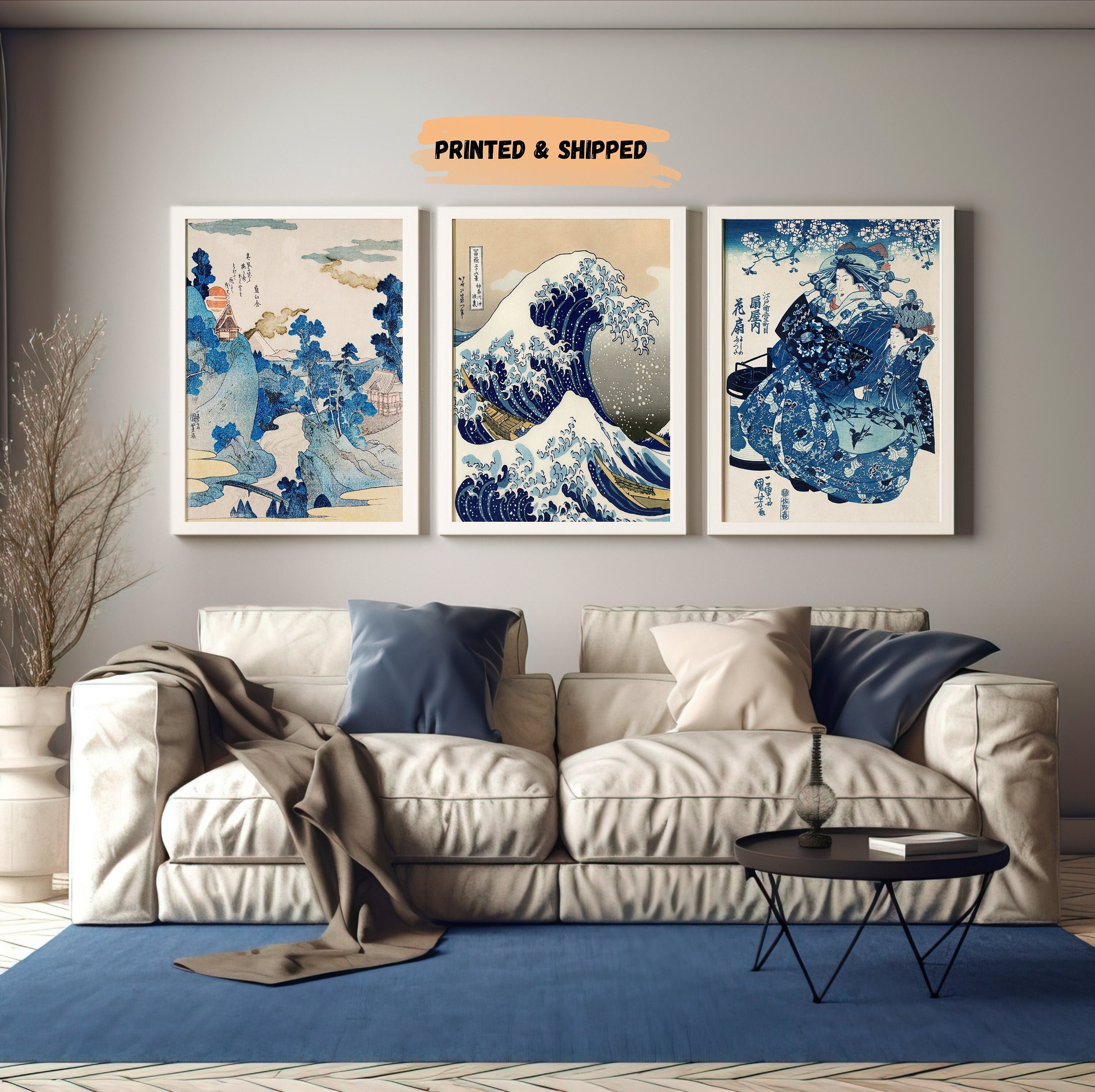 3 Piece Japanese Wall Art, Blue Japanese Prints, Hokusai Prints ...
