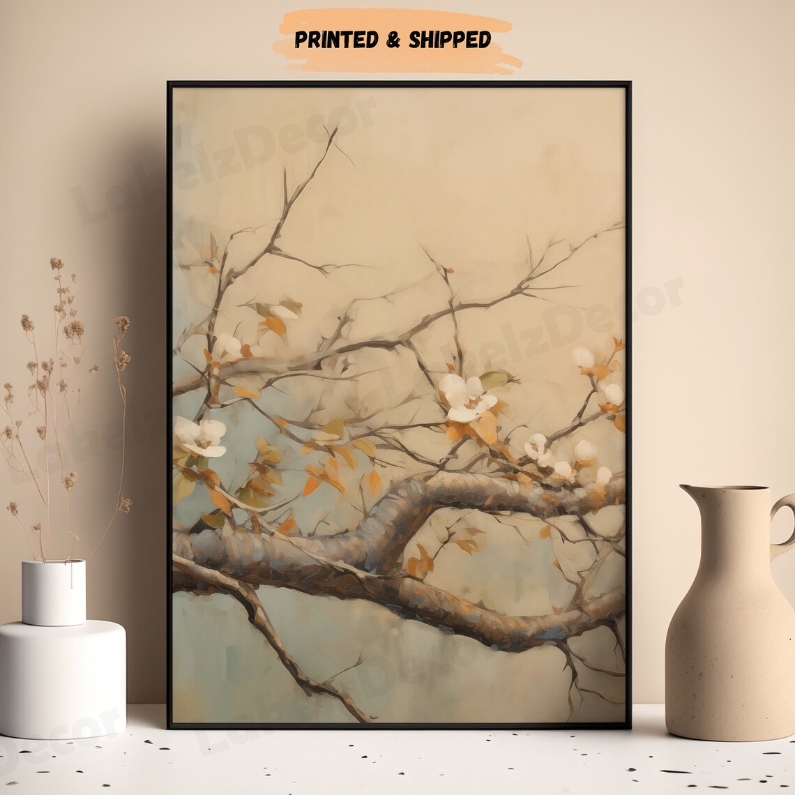 Lakelzdecor Beige Flower Botanical Abstract Prints, Set of 3, Tree ...