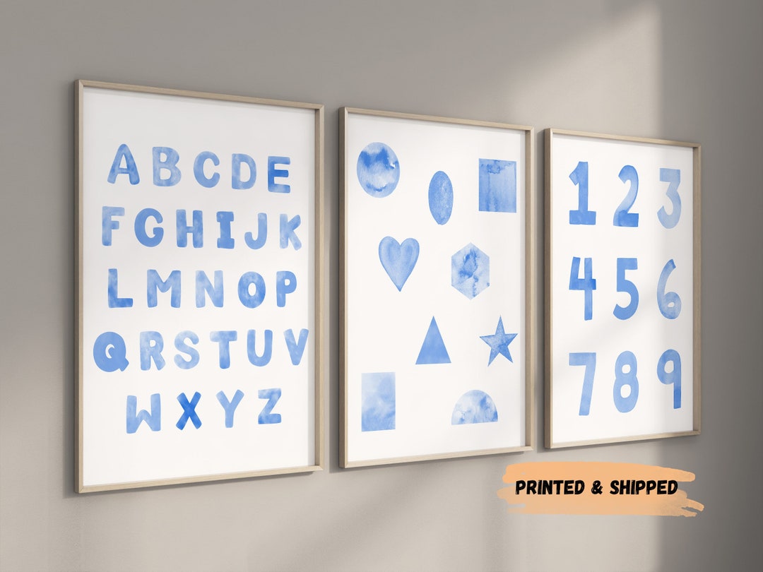 Blue Alphabet and Shapes Nursery Art Prints, Set of 3, Education Wall ...