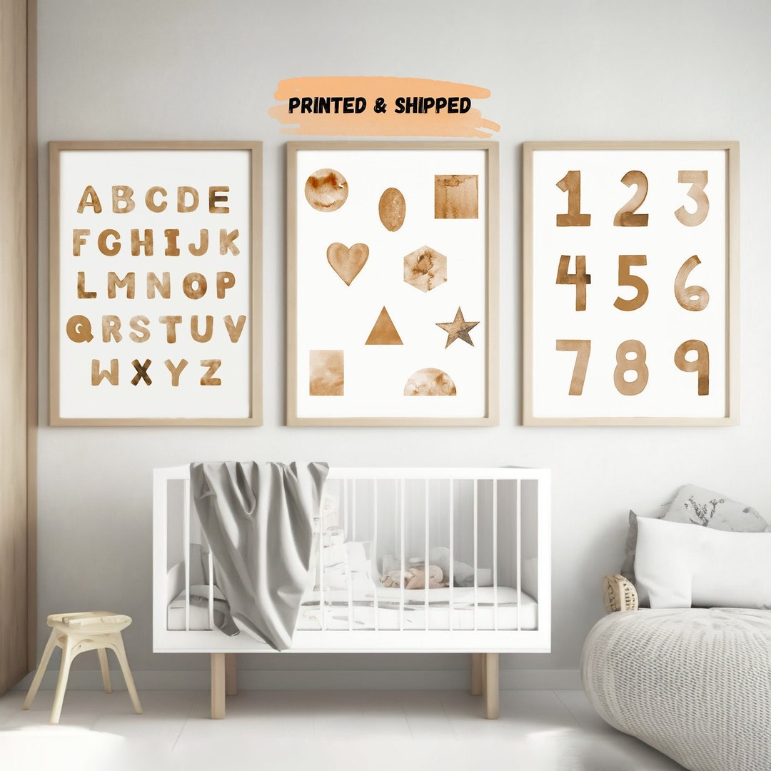 Beige Alphabet and Shapes Nursery Art Prints, Set of 3, Education Wall ...