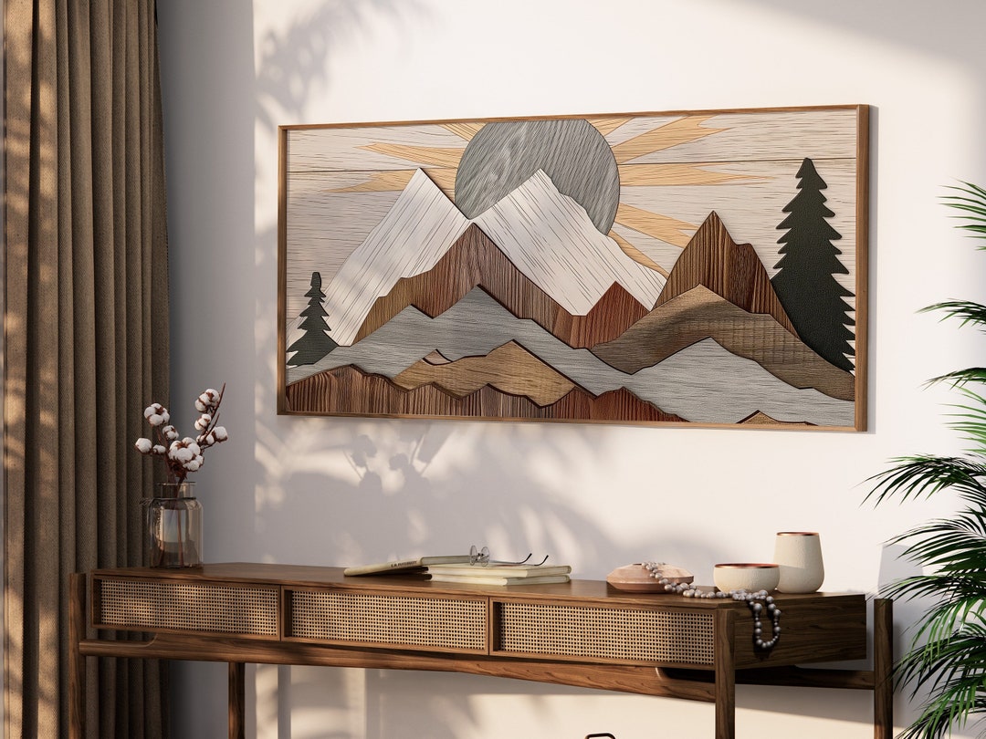 Lakelzdecor Western Mountain Abstract Wall Print, Cabin Art, Framed Wood Inspired, Large ...