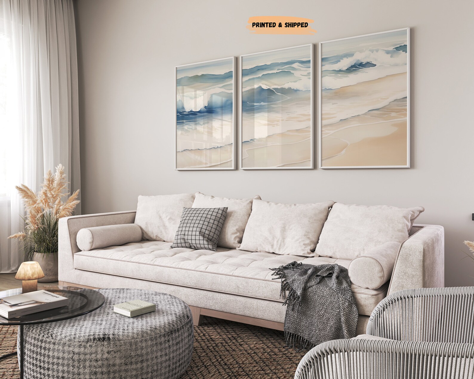 Lakelzdecor Light Blue Beach Abstract Decor, Set of 3, Large Wave ...