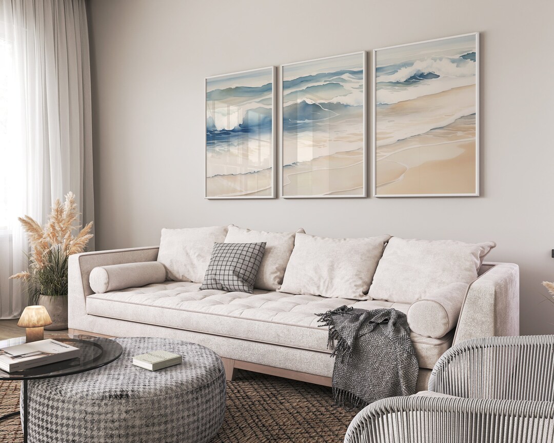 Lakelzdecor Neutral Beach Wave Printable, Set of 3, Boho Wall Art, Blue ...
