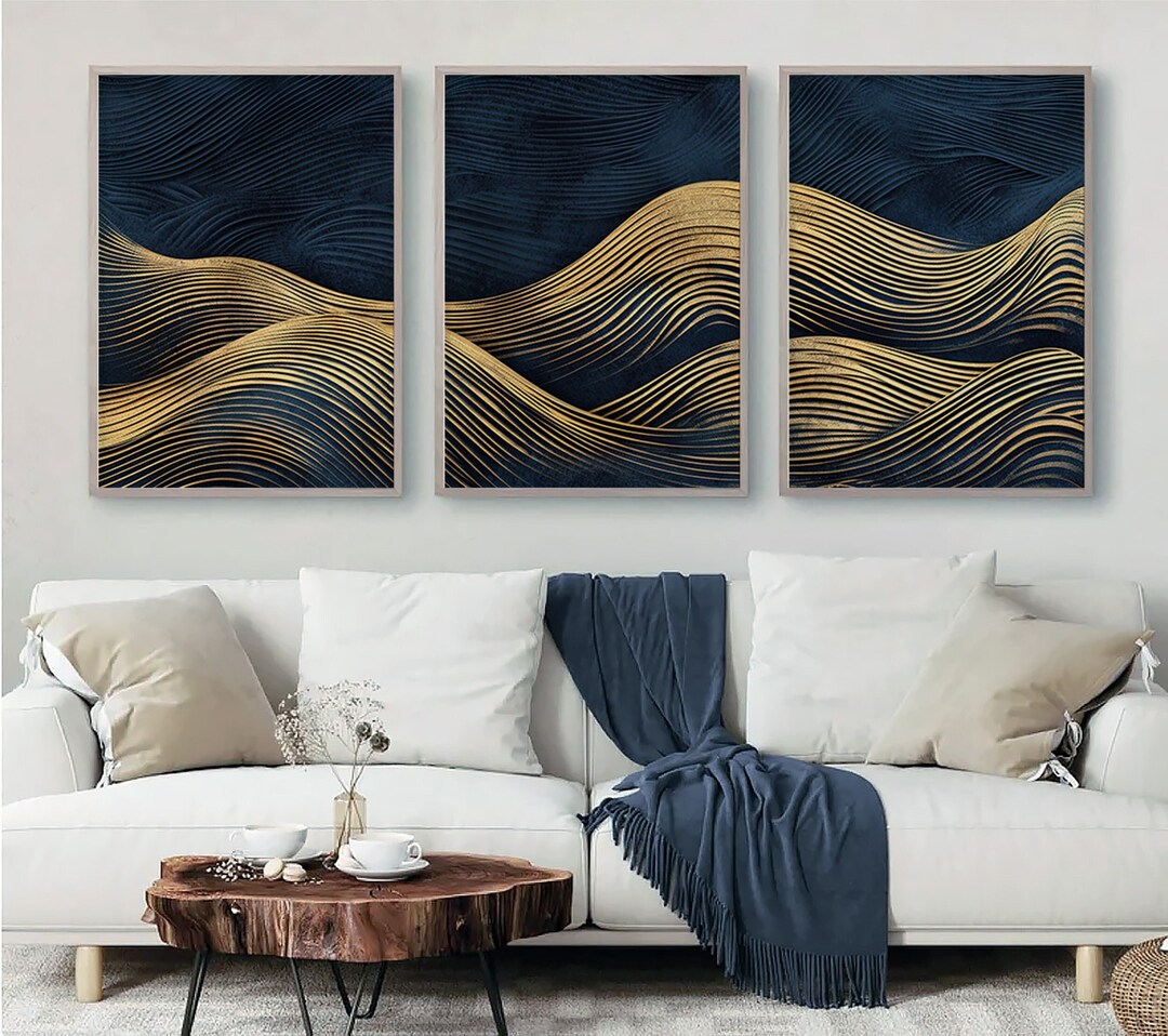 Navy Blue Golden Waves Abstract Wall Art, Set of 3, Navy and Gold ...