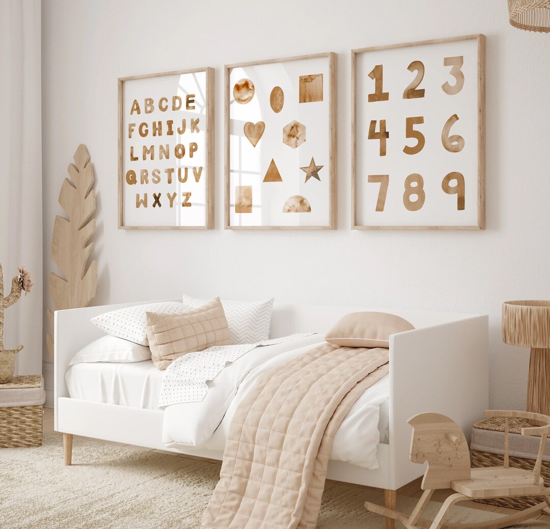 Beige Alphabet and Shapes Nursery Art Printable, Set of 3, Education ...