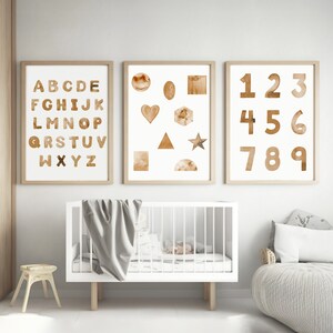 Beige Alphabet and Shapes Nursery Art Printable, Set of 3, Education ...