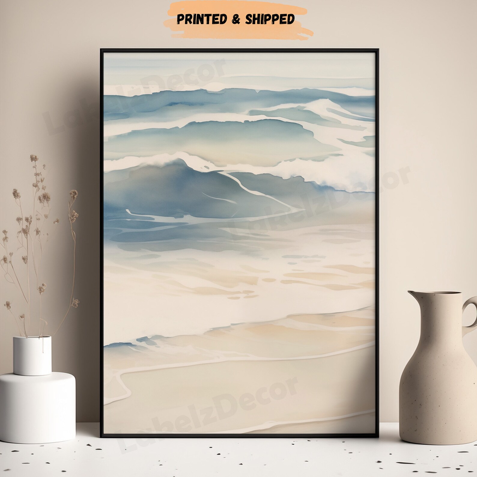 Lakelzdecor Light Blue Beach Abstract Decor, Set of 3, Large Wave ...