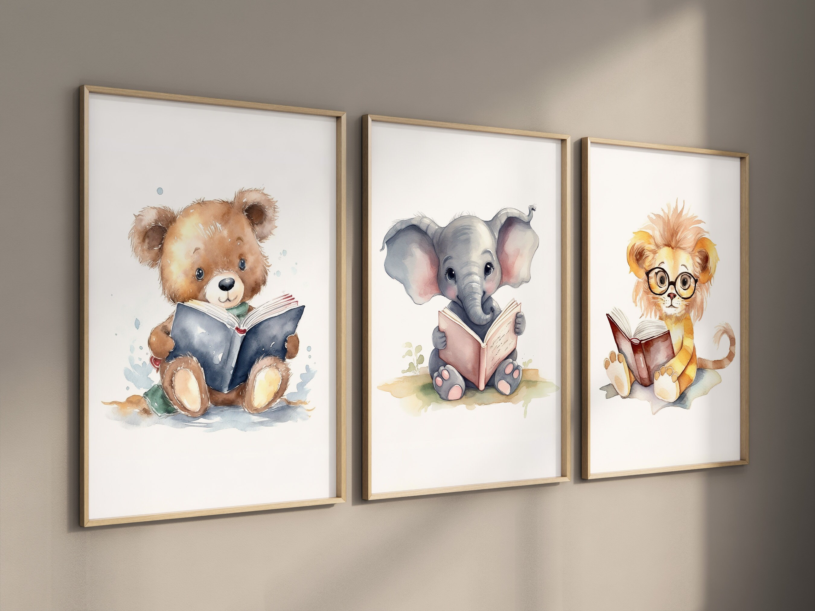 Animal Reading Book Wall Art Set of 3 Baby Animal Nursery - Etsy