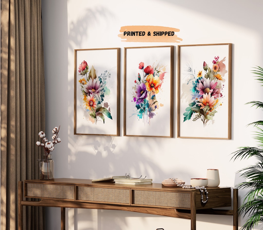 Colorful Flower Wall Printed Art, Set of 3, Bright Floral Prints ...