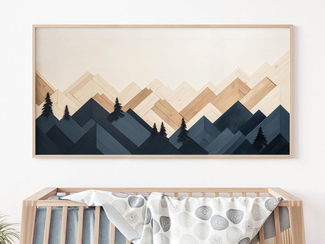 Lakelzdecor Blue Mountain Minimalist Abstract Wall Print, Cabin Art, Framed Wood Inspired Art ...