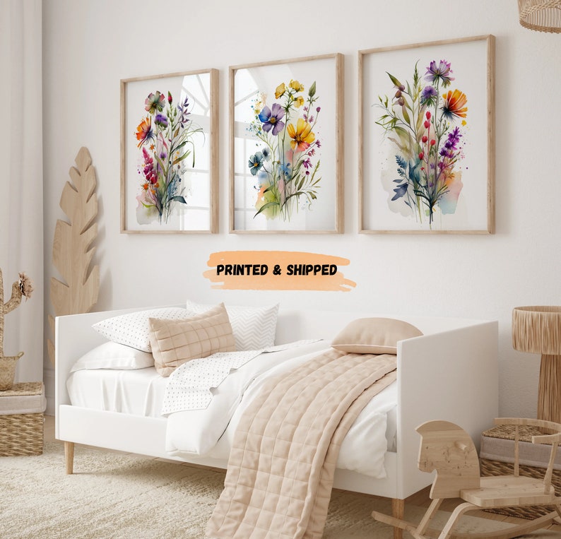 Colorful Flower Art, Set of 3, Bright Floral Prints, Wildflower Decor ...