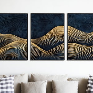 Navy Blue Golden Waves Abstract Wall Art, Set of 3, Navy and Gold ...