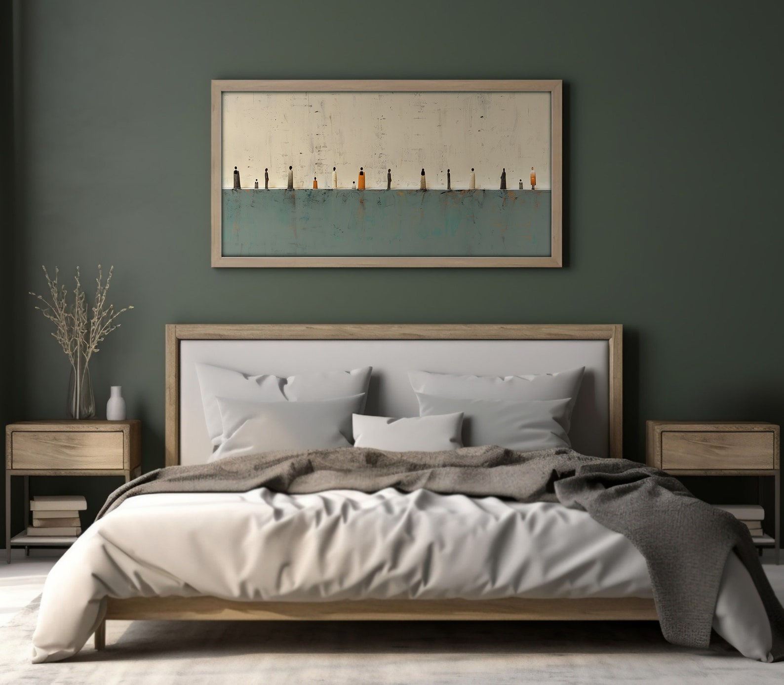 Lakelzdecor Minimalist Beige & Green Abstract Print, Wide Horizontal ...