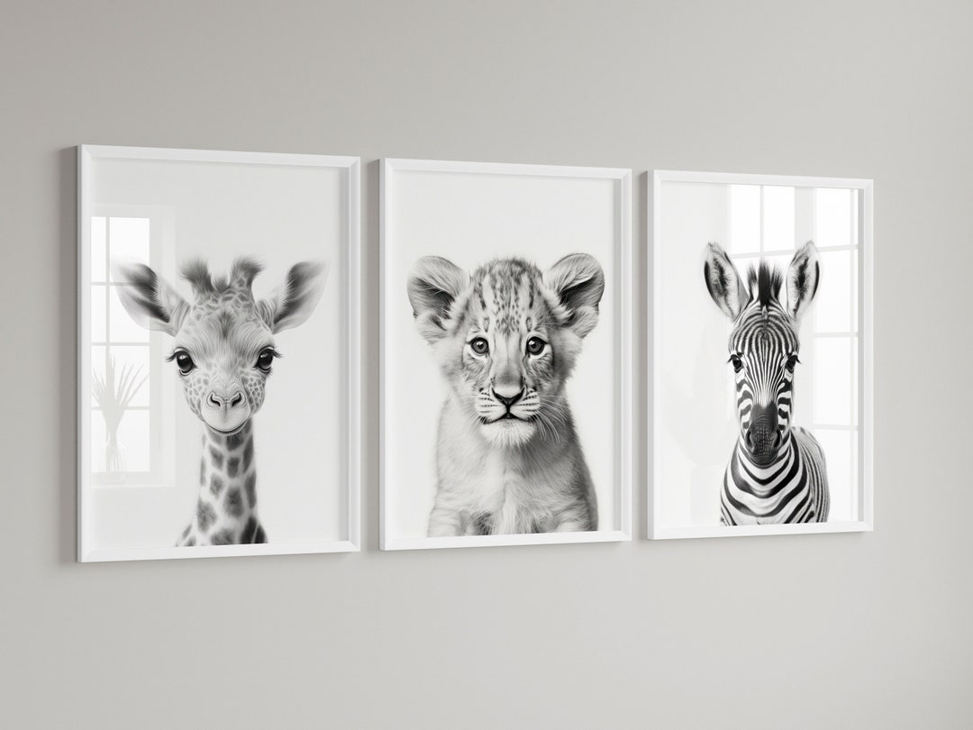 Lakelzdecor Neutral Safari Animal Wall Art, Set of 3, Baby Animal ...