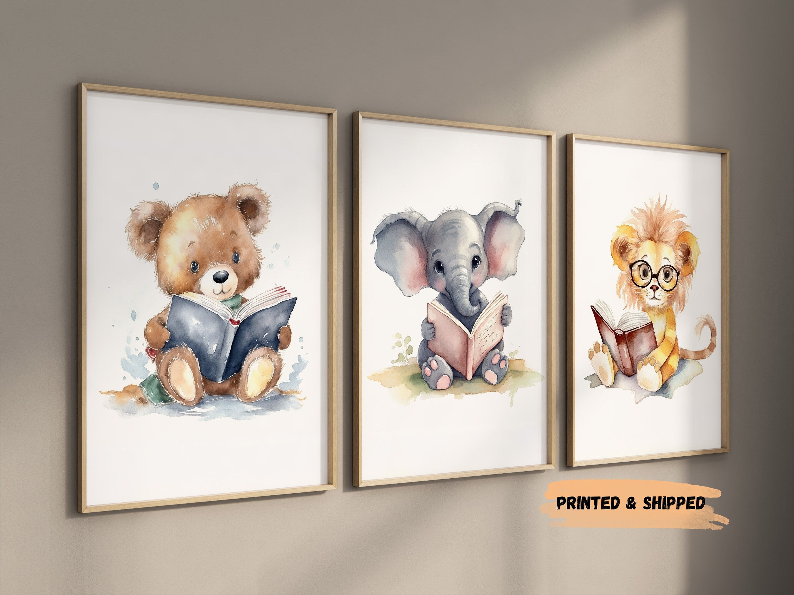 Baby Animal Nursery Wall Art Animal Reading Books Set of 3 - Etsy