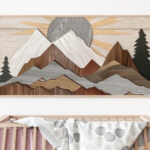 Lakelzdecor Western Mountain Abstract Wall Print, Cabin Art, Framed Wood Inspired, Large ...