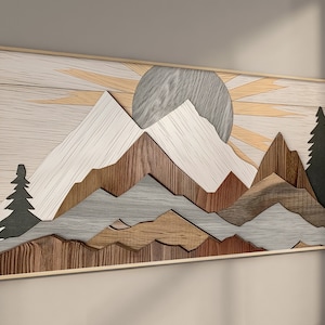 Lakelzdecor Western Mountain Abstract Wall Print, Cabin Art, Framed Wood Inspired, Large ...