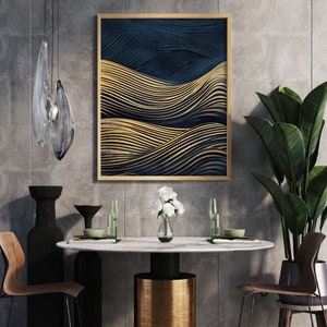Navy Blue Golden Waves Abstract Wall Art, Set of 3, Navy and Gold ...