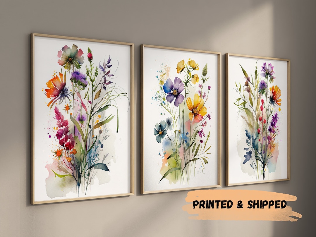 Colorful Flower Art, Set of 3, Bright Floral Prints, Wildflower Decor ...