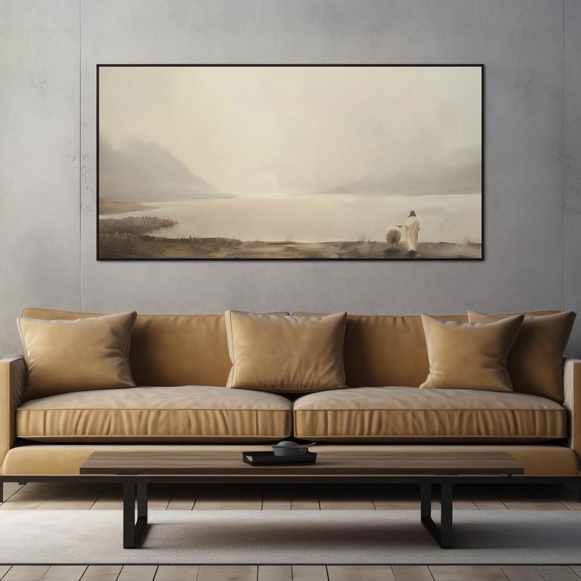 Lakelzdecor "jesus & Lost Sheep Leave the 99" Minimalist Beige Abstract ...