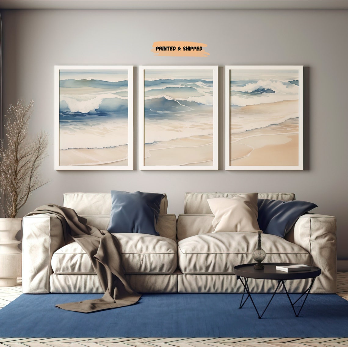Lakelzdecor Light Blue Beach Abstract Decor, Set of 3, Large Wave ...