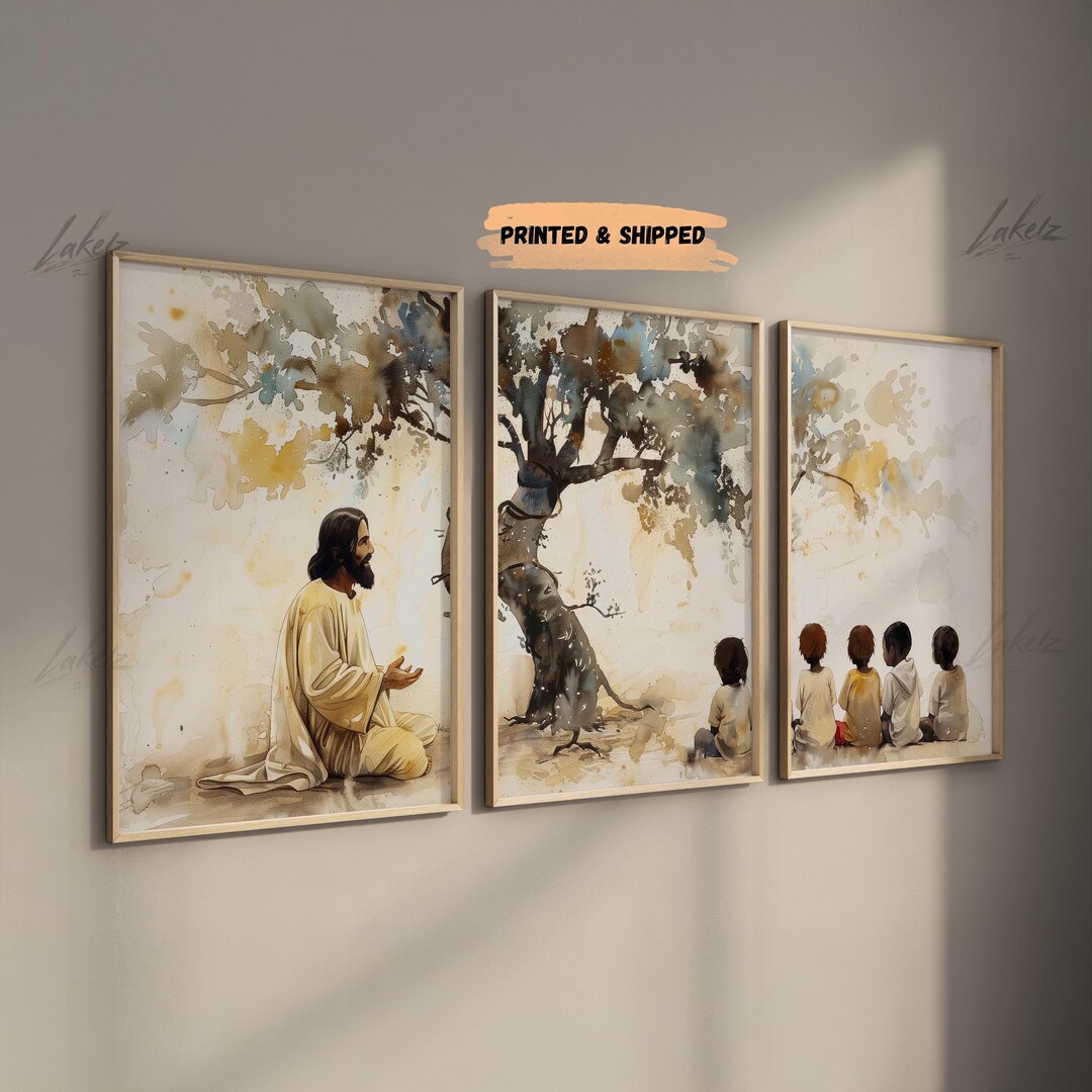 Lakelzdecor 3 Piece Colorful Jesus Teaches Children Print, Beige Olive ...