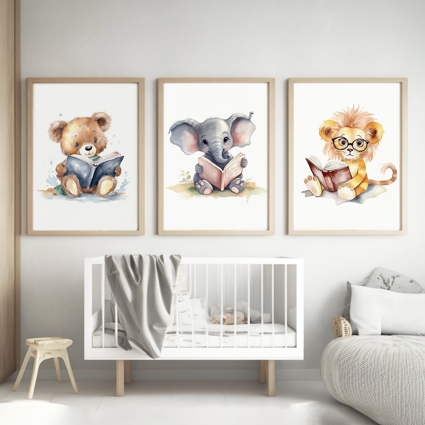 Animal Reading Book Wall Art Set of 3 Baby Animal Nursery - Etsy