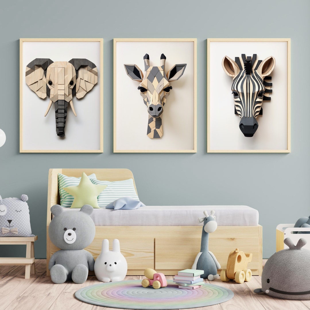 Lakelzdecor Wooden Effect Safari Animal Wall Art, Set of 3, Baby Animal ...