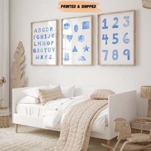 Blue Alphabet and Shapes Nursery Art Prints, Set of 3, Education Wall ...