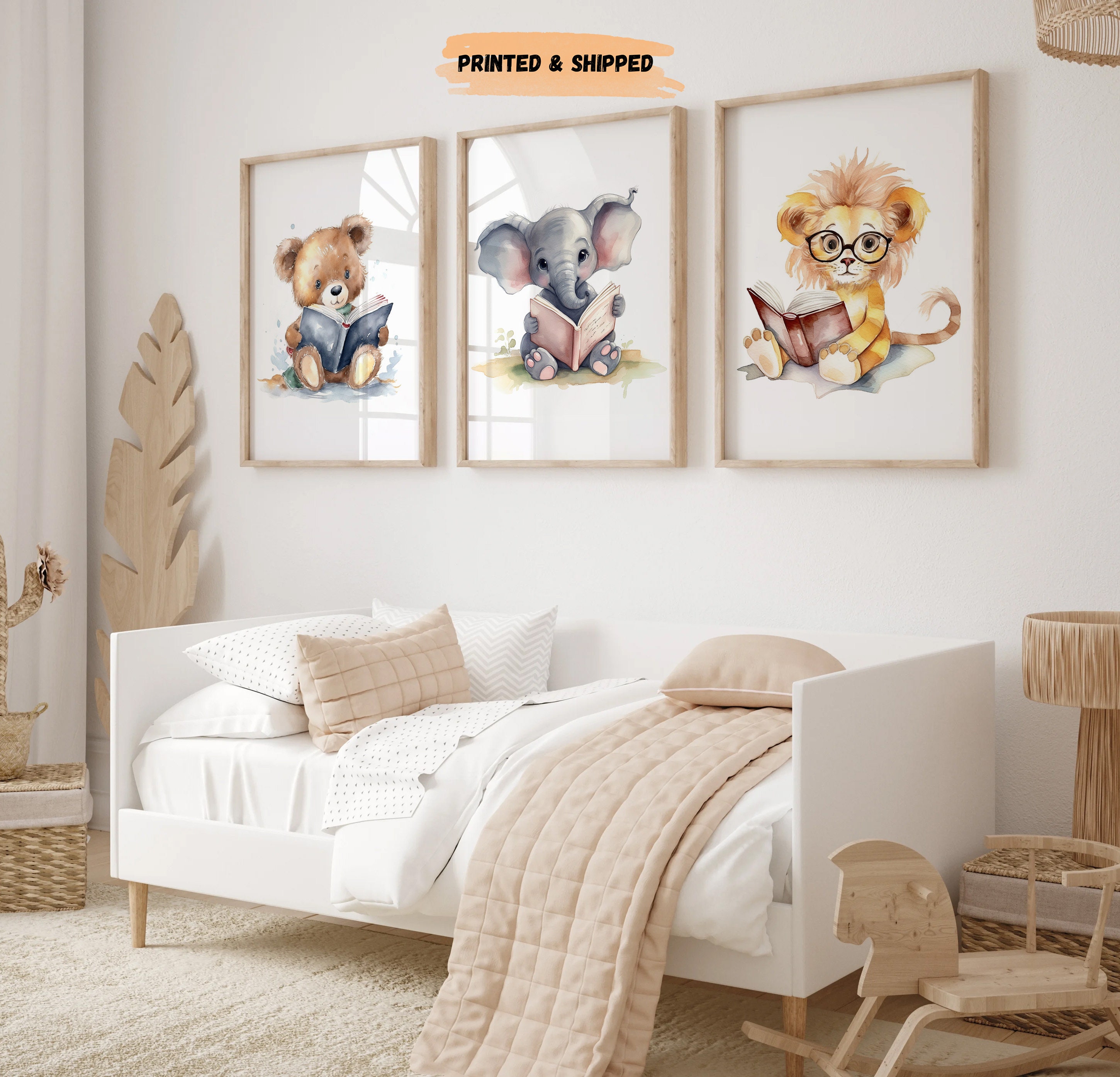 Baby Animal Nursery Wall Art, Animal Reading Books, Set of 3, Study ...