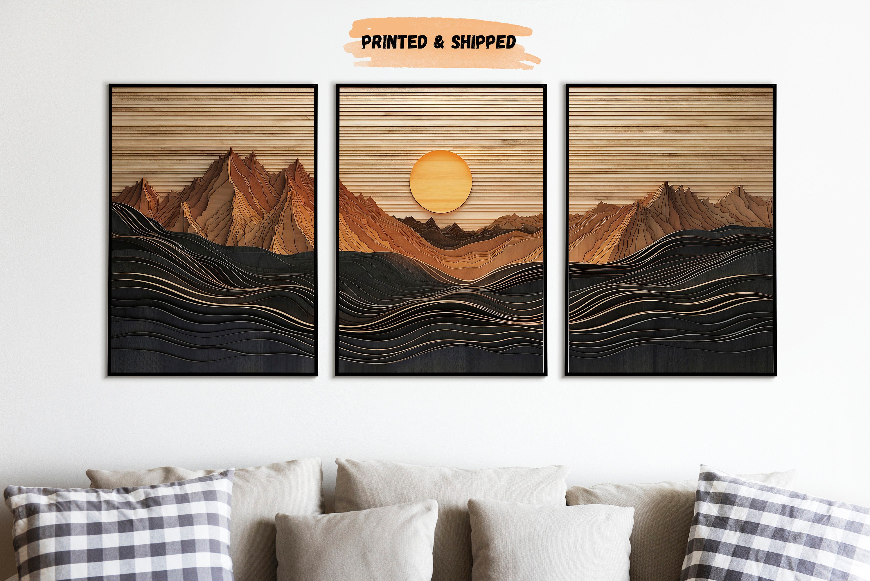 Sunset Mountain Top Wall Art Prints, Set of 3, Wood Panels, Wood Wall ...