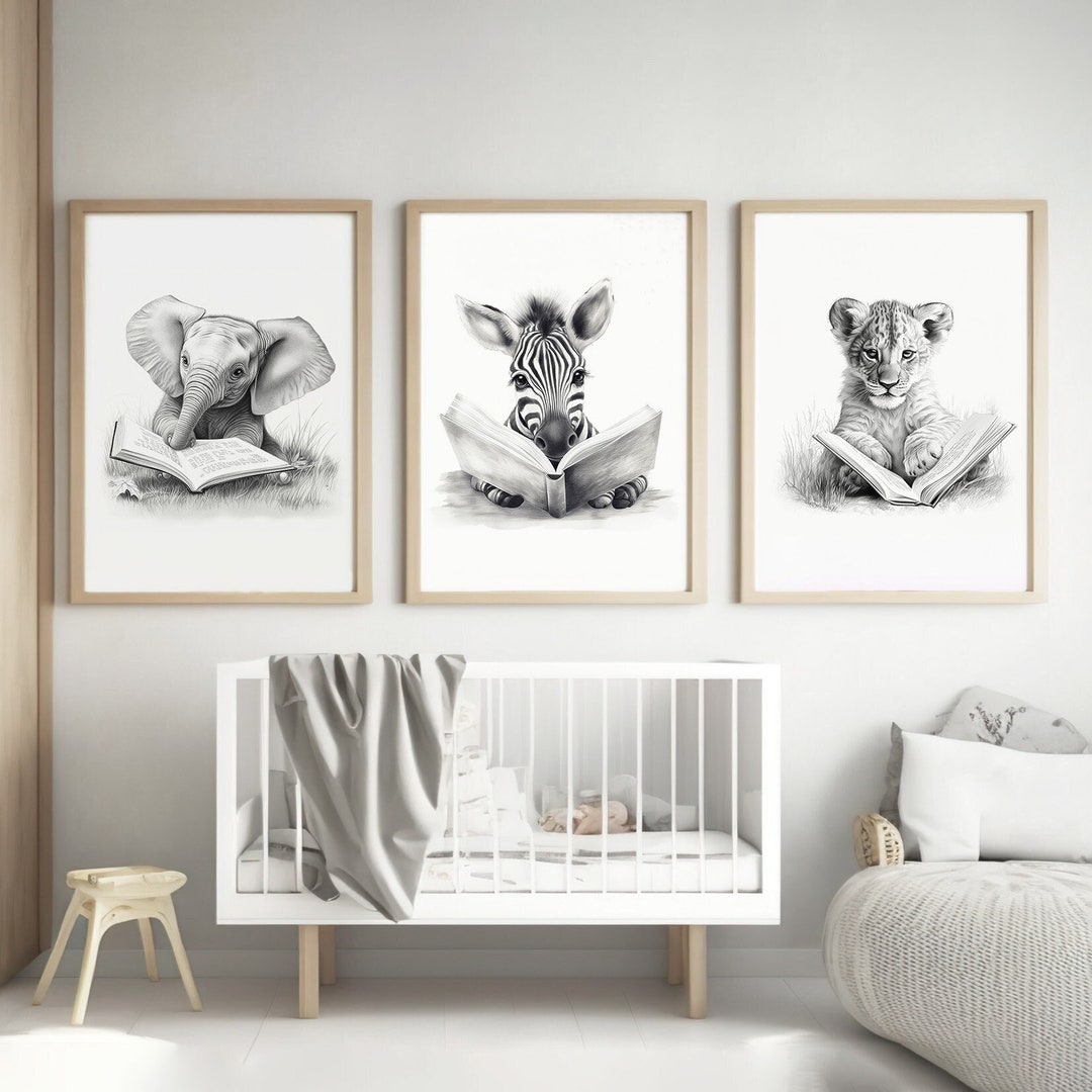 Reading Animal Nursery Wall Art, Set of 3, Baby Animal Reading Book ...