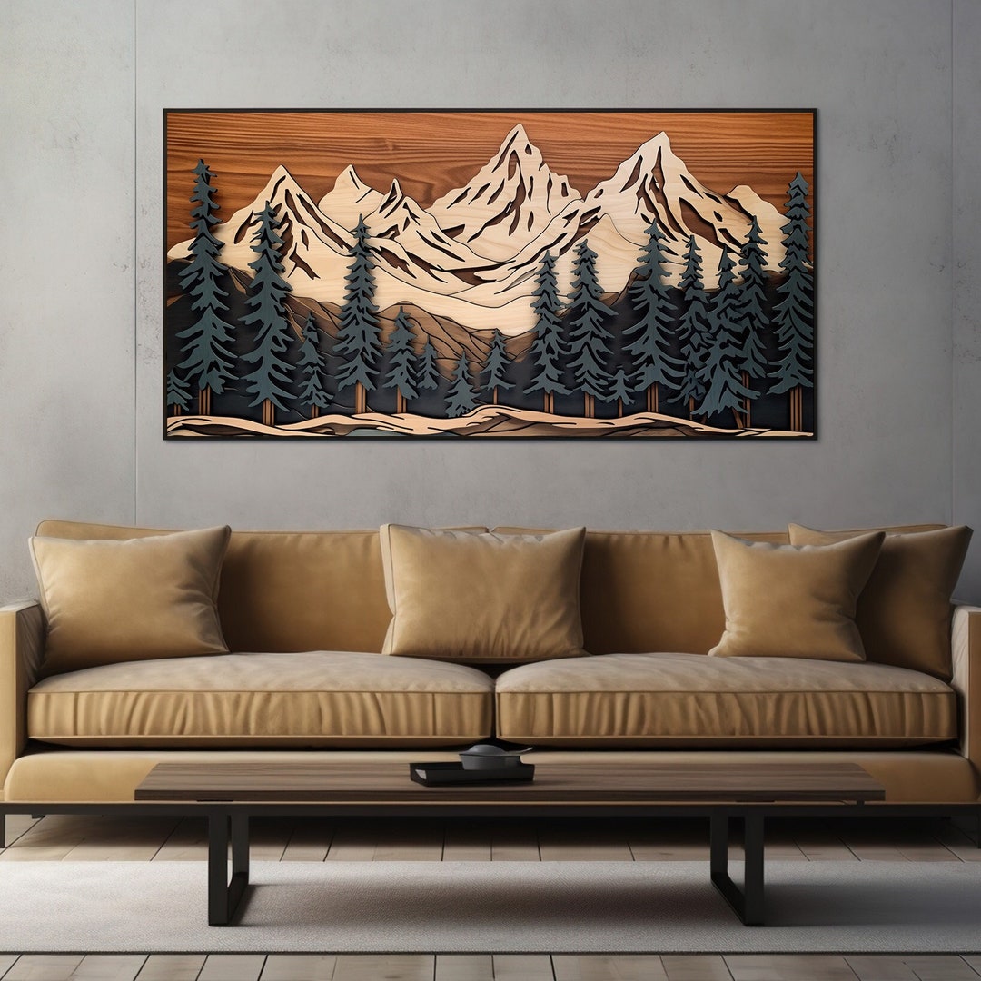 Lakelzdecor Mountain Abstract Wall Print, Cabin Art, Framed Wood Inspired Art, Large Horizontal ...