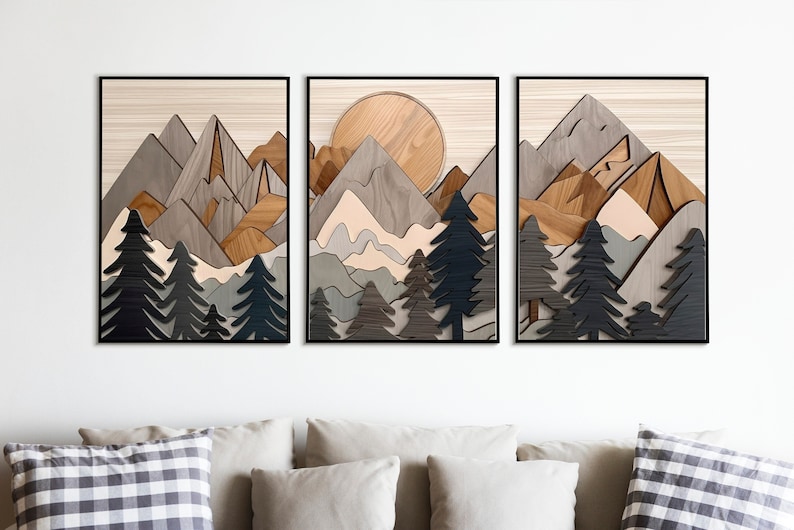 Wooden Mountain Range Wall Art, Set of 3, Wood Panels, Wood Wall Art ...