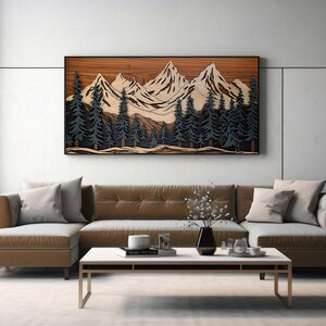 Lakelzdecor Mountain Abstract Wall Print, Cabin Art, Framed Wood Inspired Art, Large Horizontal ...