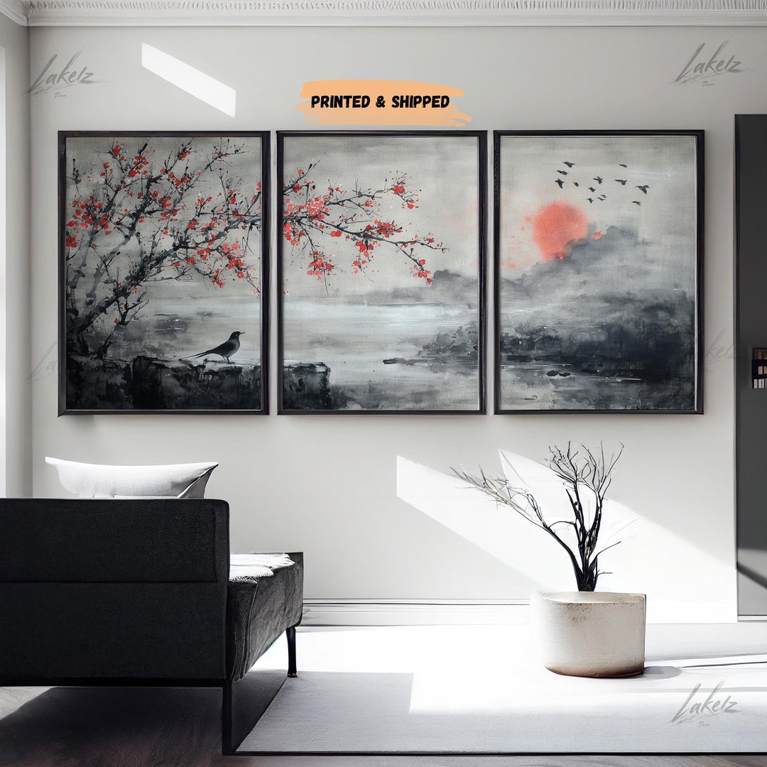 Lakelzdecor Red Japanese Ink Bird & Flower Print, Set of 3, Hokusai ...