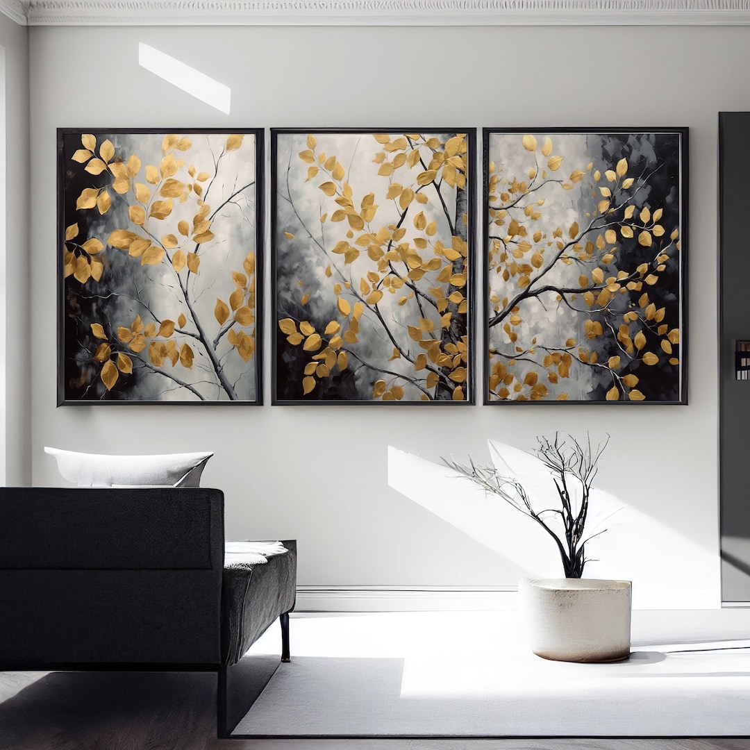 Black & Gold Tree Abstract Wall Art, Set of 3, Golden Shapes Watercolor ...