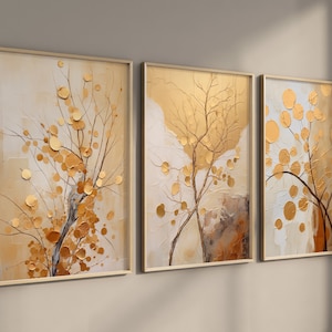 Gold & Beige Tree Branch Wall Printable, Abstract Wall Prints, Set of 3 ...