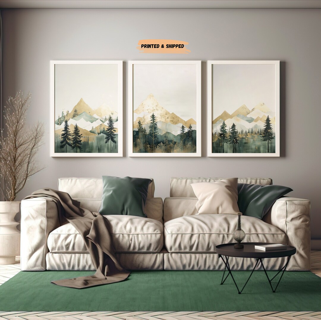 Lakelzdecor Golden Mountain Forest Prints, Set of 3, Woodland Wall Art ...