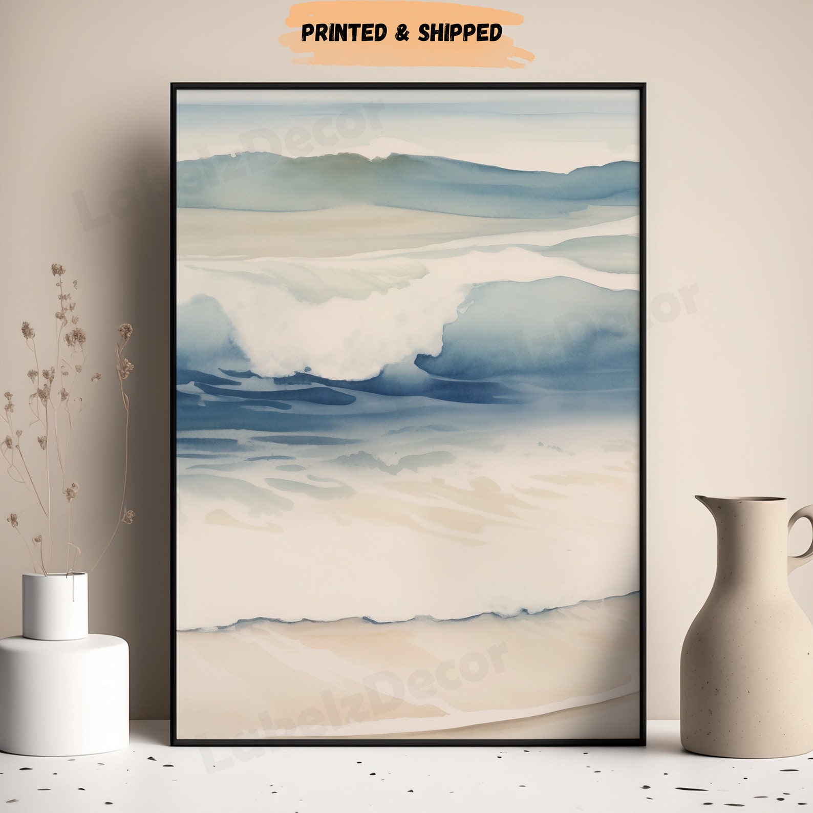 Lakelzdecor Light Blue Beach Abstract Decor, Set of 3, Large Wave ...