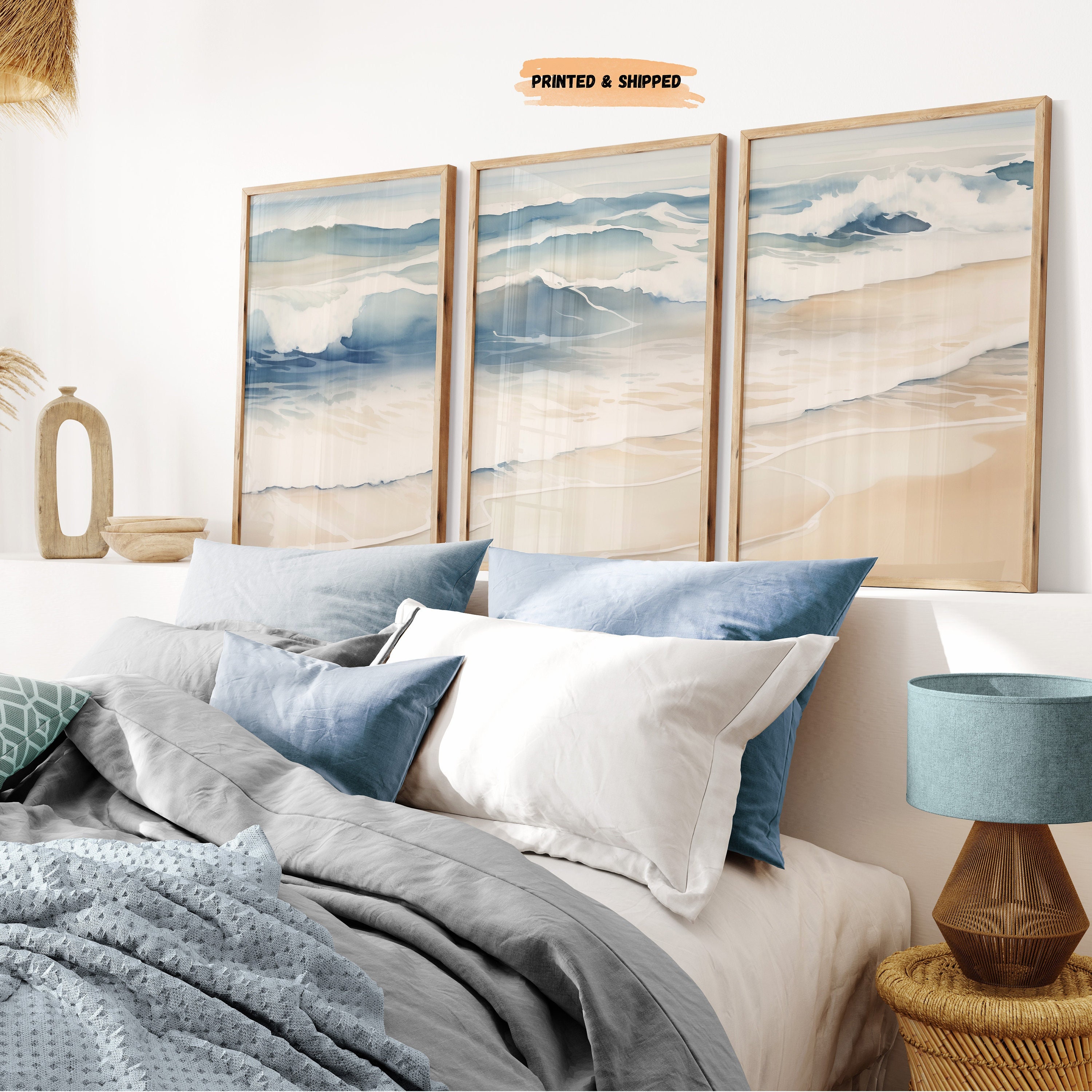Lakelzdecor Light Blue Beach Abstract Decor, Set of 3, Large Wave ...