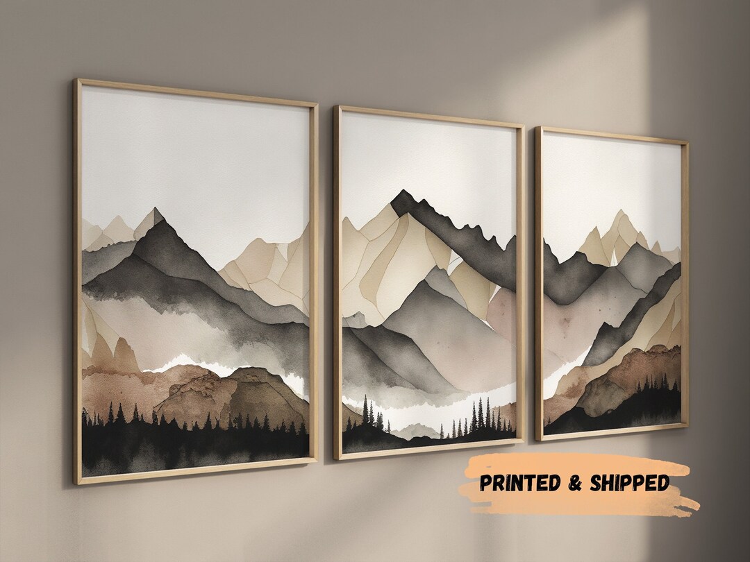 3 Piece Wall Prints, Beige & Gray Mountain Art, Forest Gallery Wall Set ...